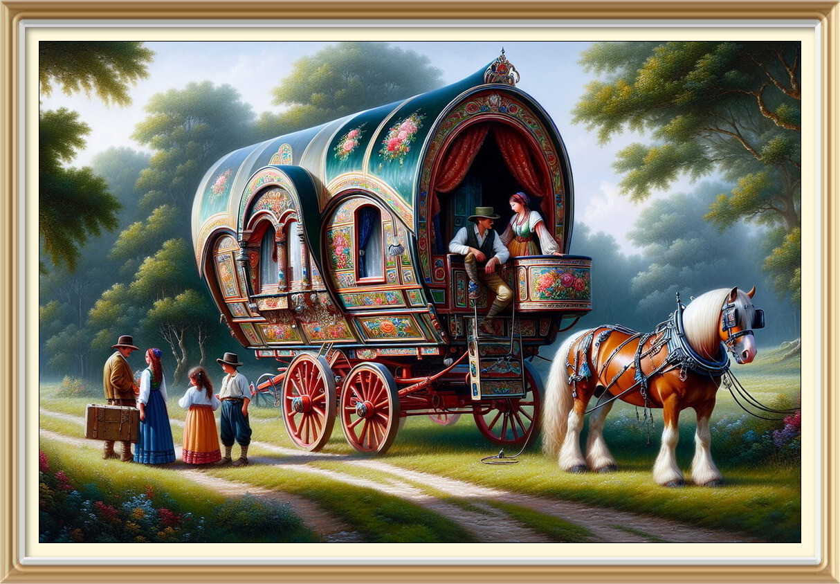 Summer Landscape Print Romany Tinker Roma Gypsy Family Wagon Bow Top ...