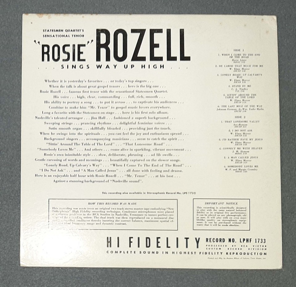 Rosie Rozell Sings Way Up High - Statesmen Quartet's Sensational ...