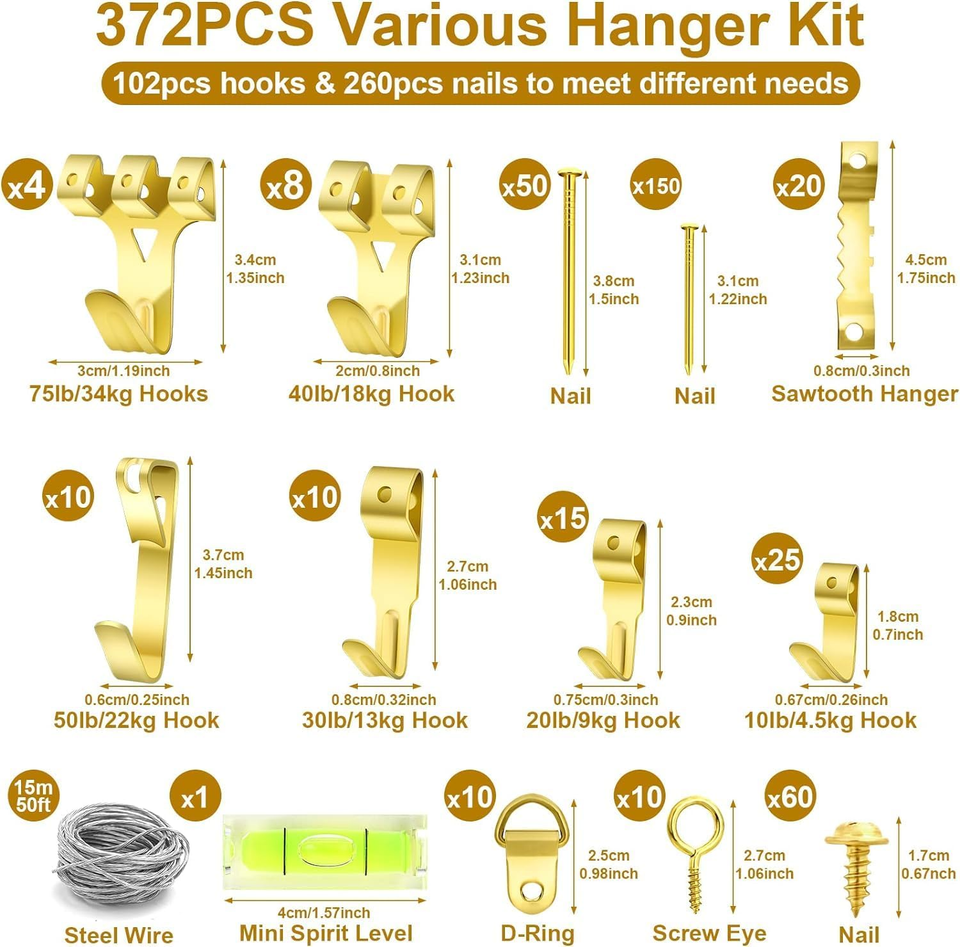 372 PCS Picture Hanging Kit, Indoor outside Picture Hangers, Heavy Duty ...