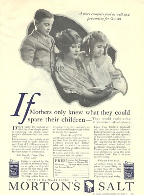 1925 Morton's Salt Mother Sits W Children Cure For Goiter Vintage Art ...