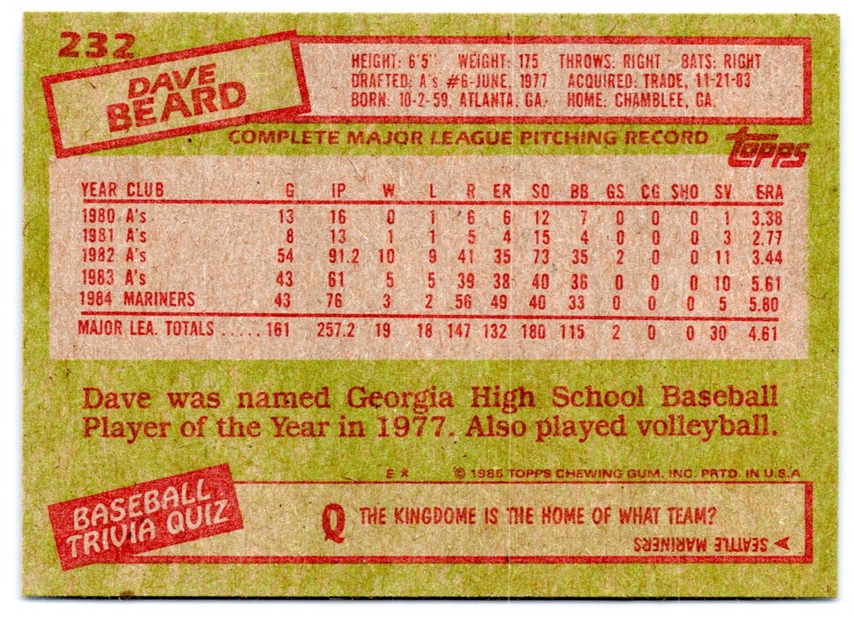 DAVE BEARD 1985 TOPPS 85 NO 232 NRMINT+ 33129 | eBay