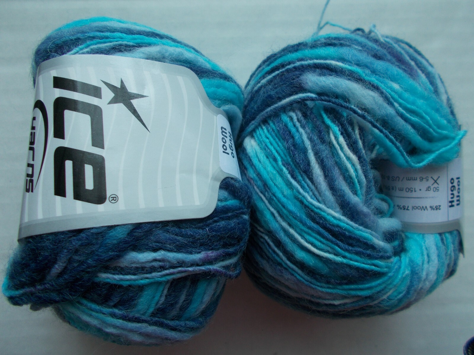 Ice Yarns Hugo Wool wool blend yarn, blue/turquoise, lot of 2 (165 yds ...