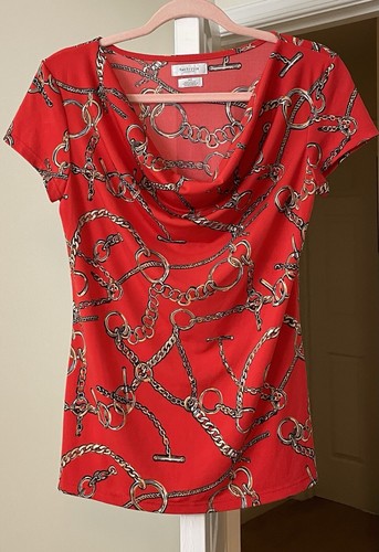 Van Heusen Top Red Gold Chain Artsy Draped Stretch Women's Small | eBay