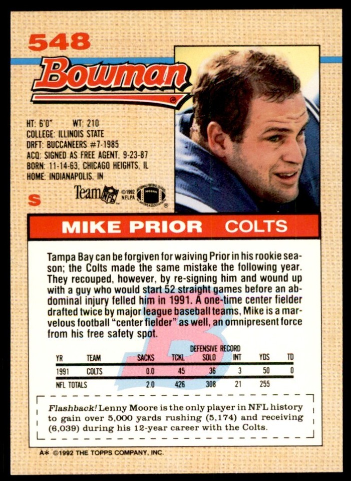 1992 BOWMAN. MIKE PRIOR INDIANAPOLIS COLTS #548 | eBay