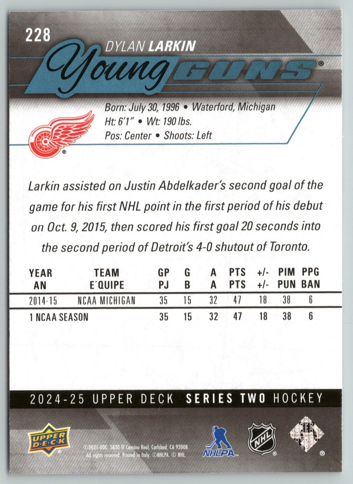 DYLAN LARKIN 2024-25 UPPER DECK YOUNG GUNS RENEWED SERIES TWO 24-25 ...