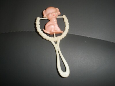 Vintage Hand Rattle White Handle with Pink Dog EUC Rattle Works Great 6 ...
