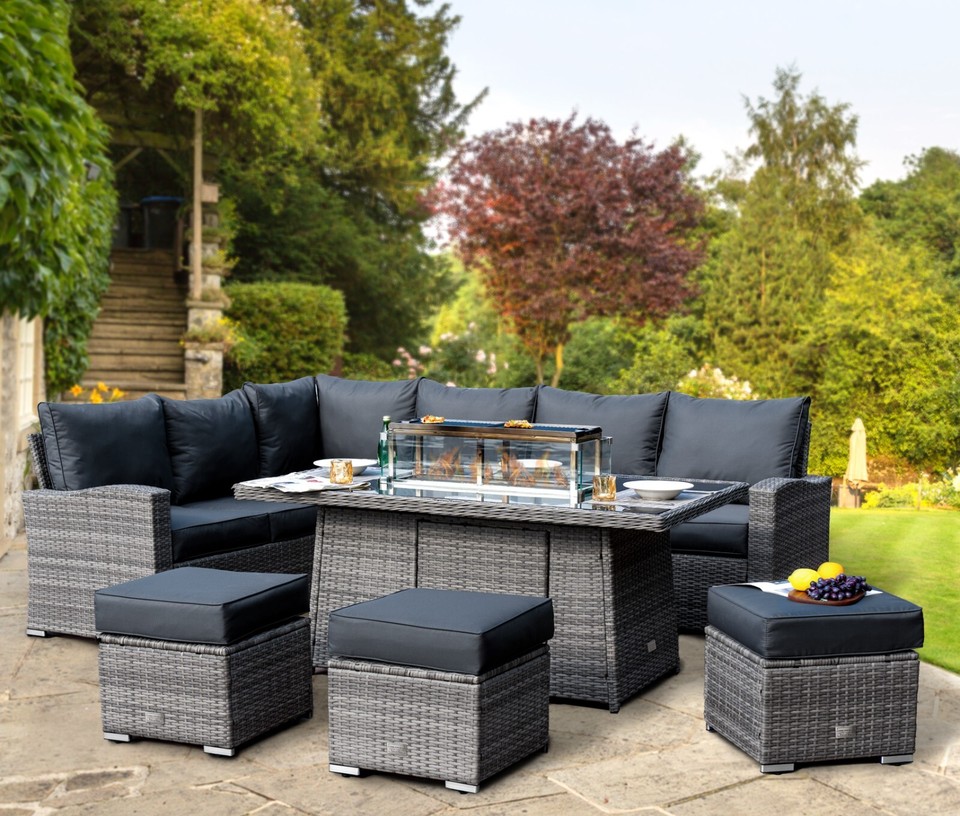 Rattan Garden Furniture Set with Fire Pit Table Outdoor Patio Corner ...