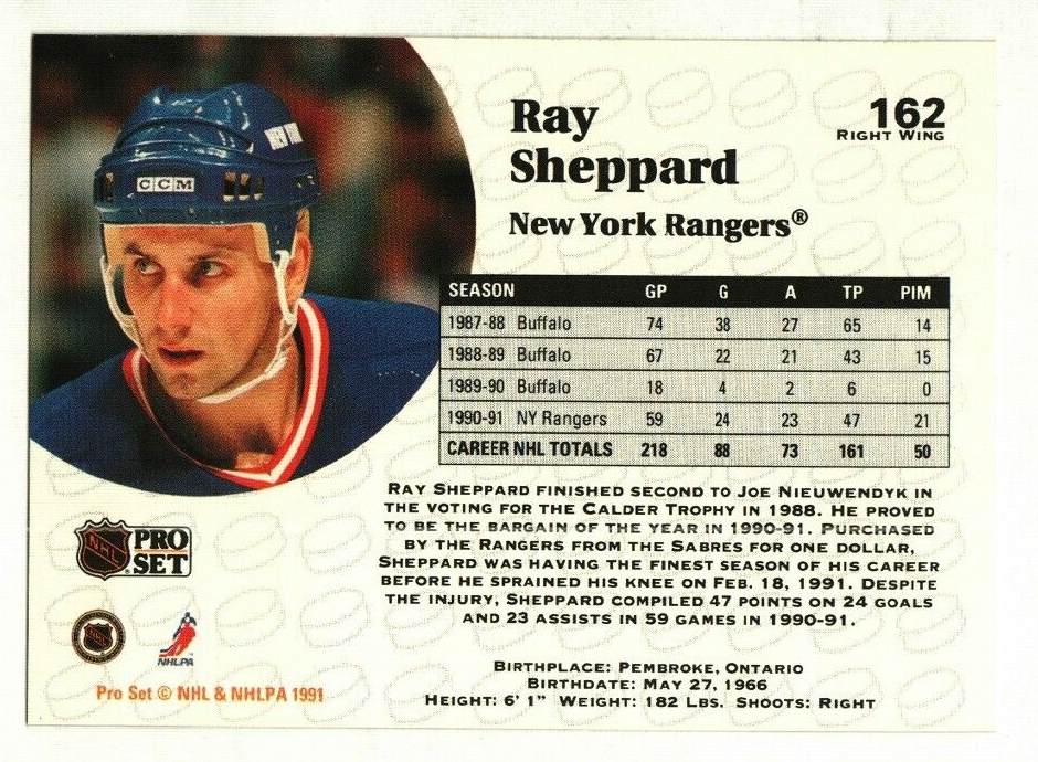 1991 PRO SET HOCKEY CARD - #162 RAY SHEPPARD NEW YORK RANGERS | eBay