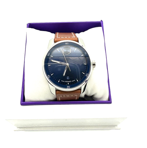 New Movado Bold Verso Blue Dial Brown Leather Strap Watch 3600944 | eBay