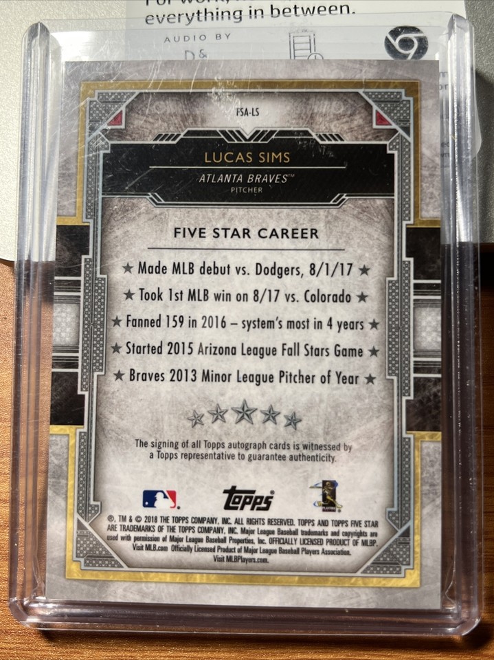 Lucas Sims 2018 Topps Five Star Rookie RC Autograph FSA-LS Atlanta ...