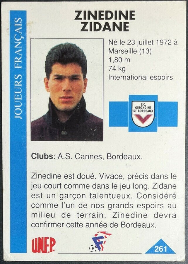 1993 Panini U.N.F.P. Soccer ZINEDINE ZIDANE ROOKIE RC #261 Card | eBay