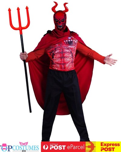 Hell King Red Devil Hooded Robe Halloween Adult Mens Scary Horror ...