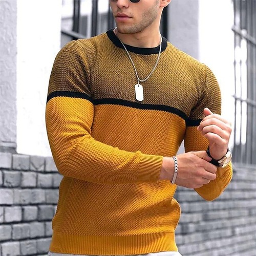 Men Casual Slim Fit Knitted Tops Round Neck Long Sleeves Pullover Retro ...