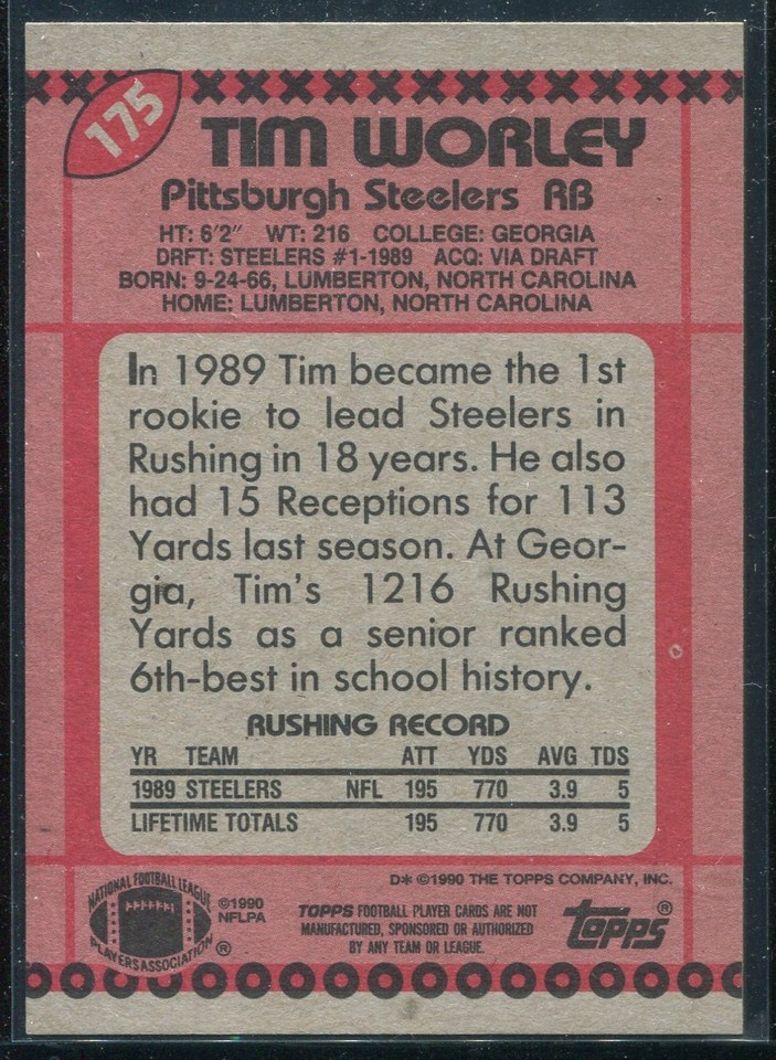 1990 Topps Football Tim Worley #175 Pittsburgh Steelers Topps Super ...