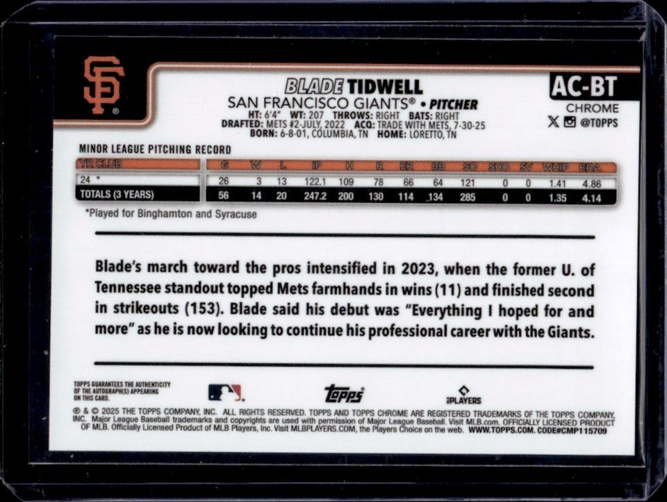 2025 Topps Chrome Update Blade Tidwell Auto RC Purple Refractor #218/ ...