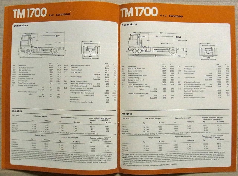 BEDFORD TM TRUCKS Specifications & Dimensions Brochure Sept 1974 # ...