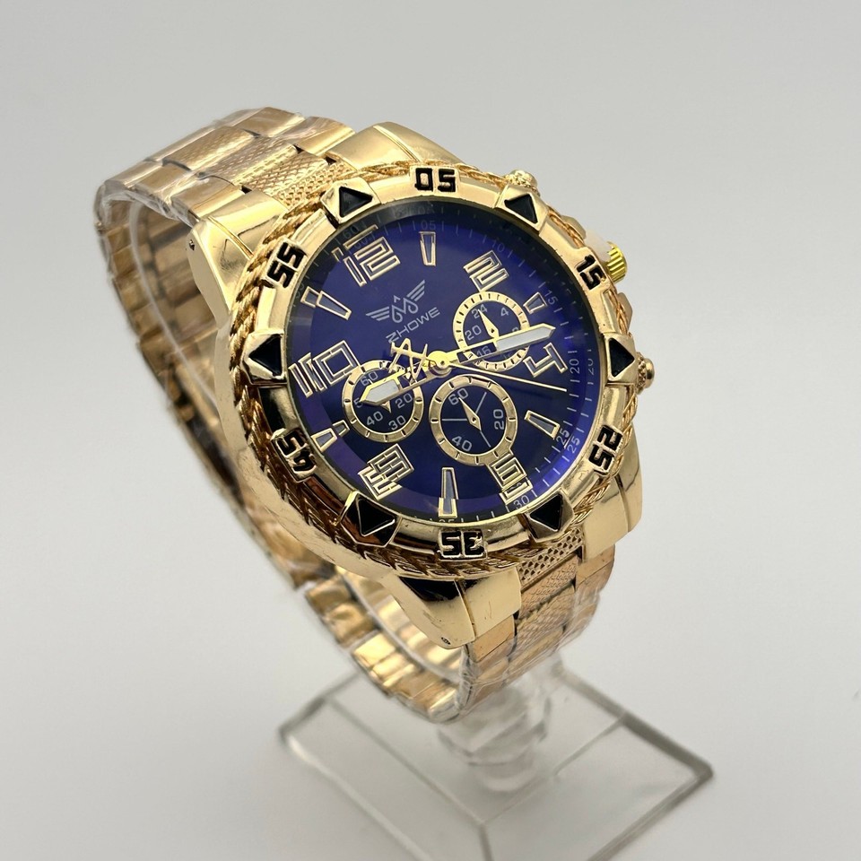 ZHOWE Gold Tone Blue Dial Stainless Steel 46mm Men’s Watch Working New ...