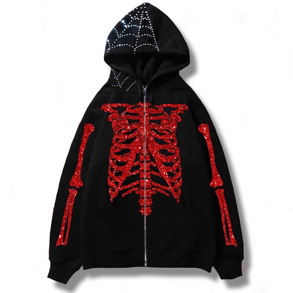 New Diamond Skeleton Rhinestones Sequins Gothic Fashion Black Hoodie ...