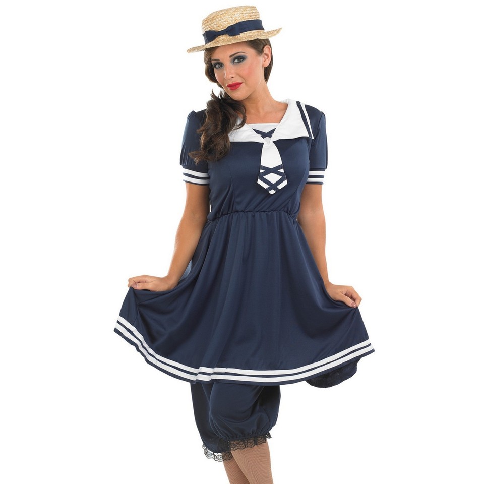 Women`s Blue Old Fashioned Bathing Costume Ladies 1920s Beach Swimsuit ...