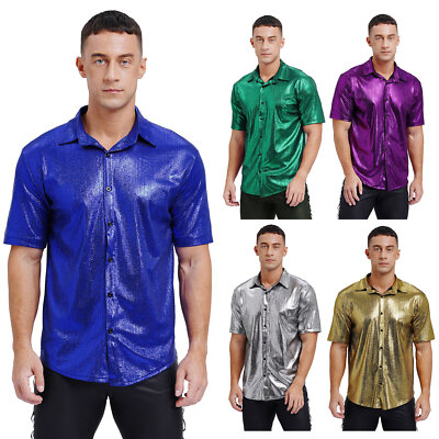 Men's Glitter Shirt Short Sleeve Shiny T-shirt Disco Party Shirt ...