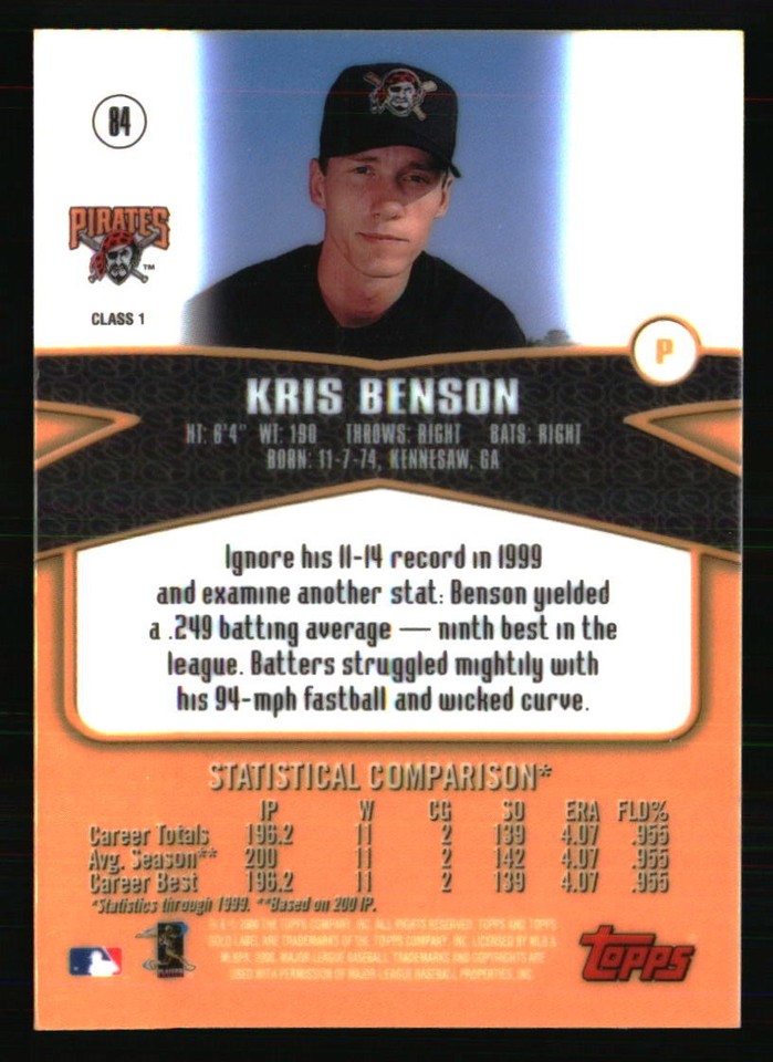 Kris Benson 2000 Topps Gold Label #84 BASEBALL Card | eBay