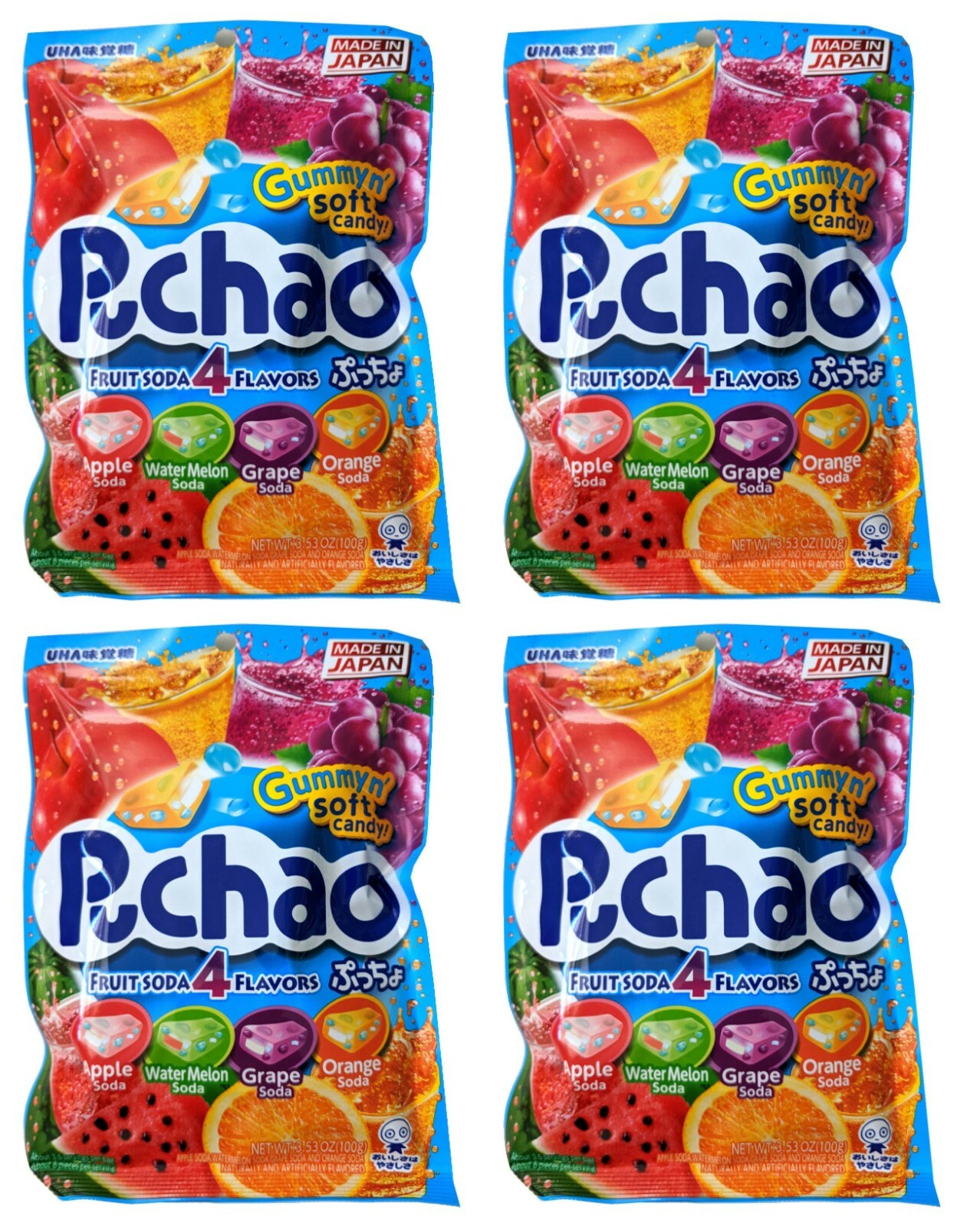 4 BAGS UHA Japan Puccho Puchao Chewy Candy 4 Flavor Fruit Soda Mix 3.53 ...