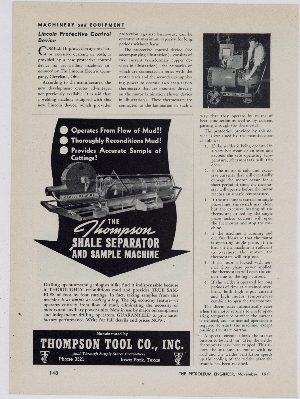 1941 Thompson Tool Co. Ad: Shale Separator & Sample Machine - Iowa Park ...