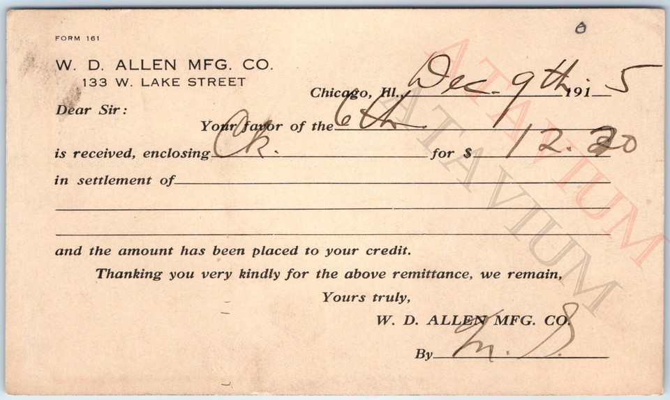 1915 Chicago, IL WD Allen Mfg Payment Invoice Receipt Form Postcard W.D ...