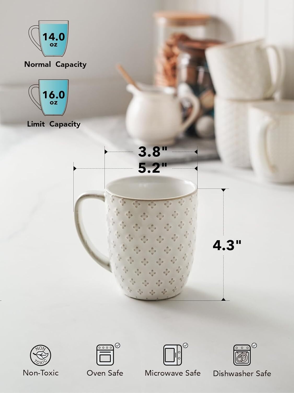 16 oz Coffee Mug Set, Ceramic Mug, Embossed Mug, Set of 4, Arctic White ...
