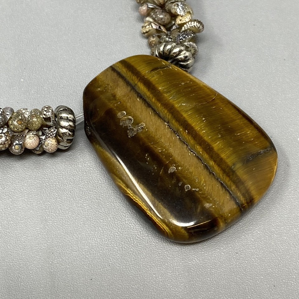 VTG Stone Shell Necklace Brown Tigers Eye Seashell Bead Station Layered ...