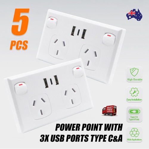 5PCS Double Power Point Dual USB+Type-C GPO Fast Charge 3.6 amp Wall ...