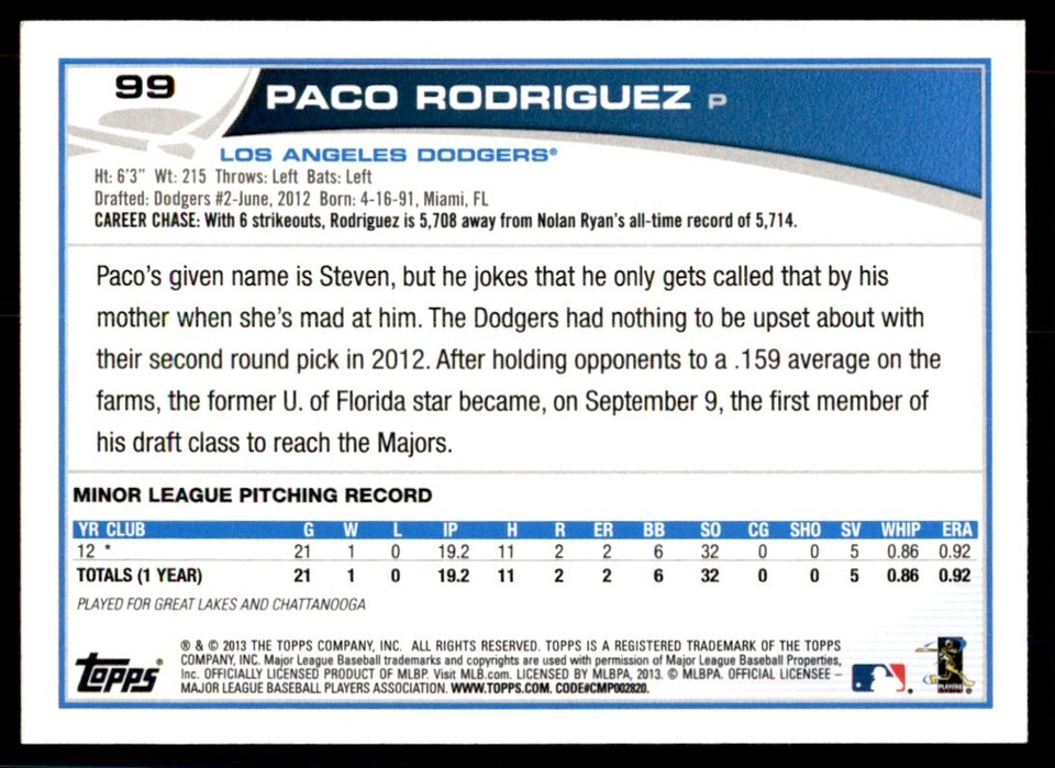 2013 Topps Paco Rodriguez Baseball Cards #99 | eBay