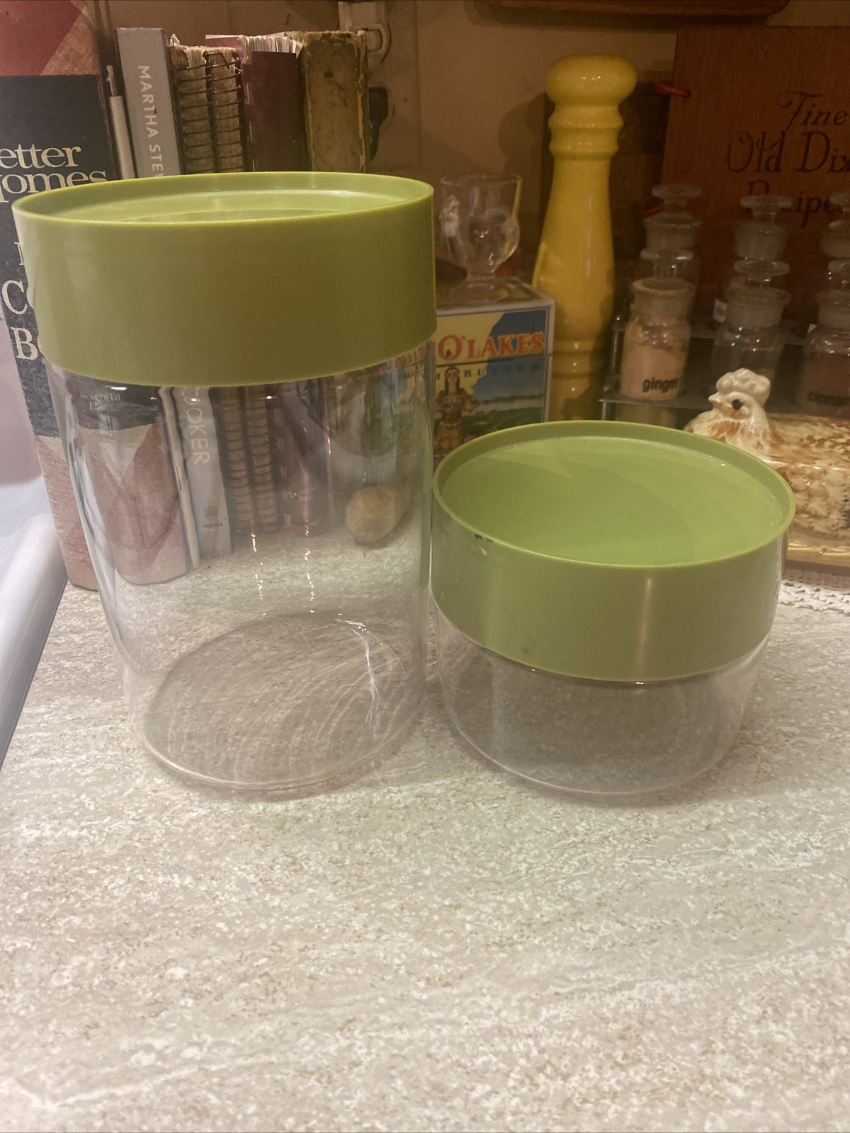 2-Vtg Stack Pyrex Glass Canister See N Store Avocado Green Clear 7.5 ...