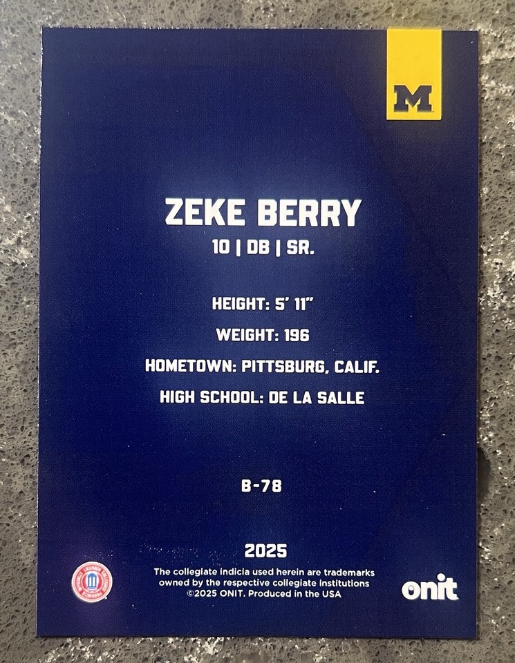 2025 ONIT Athlete Michigan Football Zeke Berry Base Card B-78 | eBay