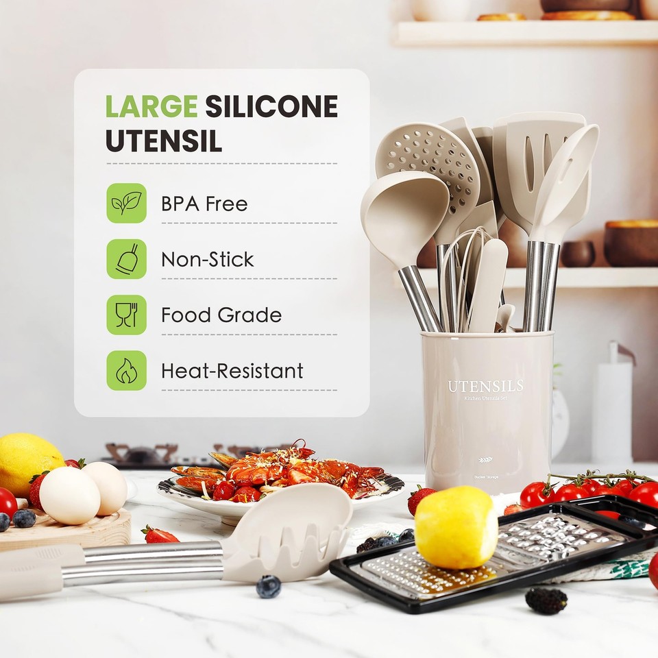 Large Cooking Utensils Set, 35 Pcs Spatula Set with Holder, Silicone ...