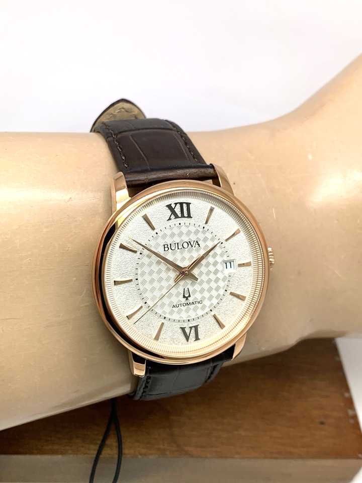 Bulova Men's Watch 97B225 Hudson Automatic Rose Gold Brown Leather ...