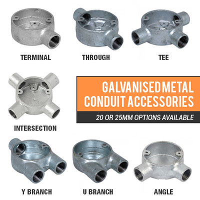 Conduit Metal Boxes 20mm - 25mm Elbows Bends Tees Through Fittings Galv ...