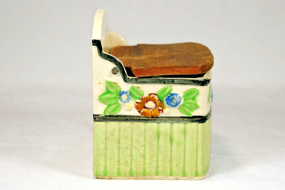 Vintage Ceramic Stoneware Salt Box Apple Green Raised Floral Wood Lid ...