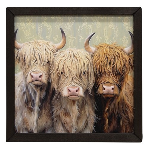NEW PRIMITIVE FARMHOUSE HIGHLAND COWS Print BOX Frame 13"Wx13"H Aged ...
