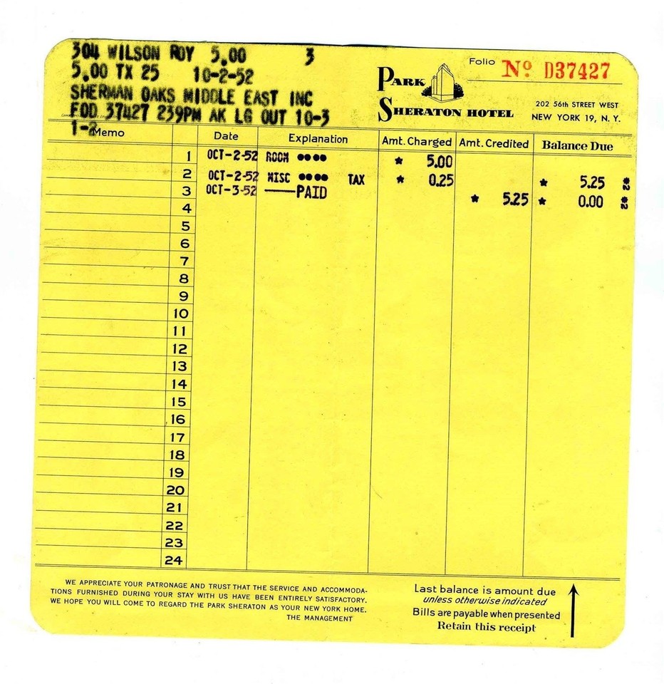 Park Sheraton Hotel Receipt New York City 1952 | eBay