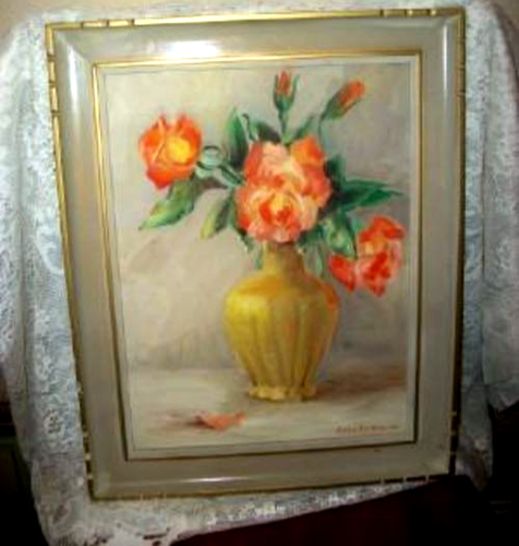 1940s OIL PAINTING YELLOW ORANGE ROSES IN VASE IMPRESSIONIST STILL LIFE ...