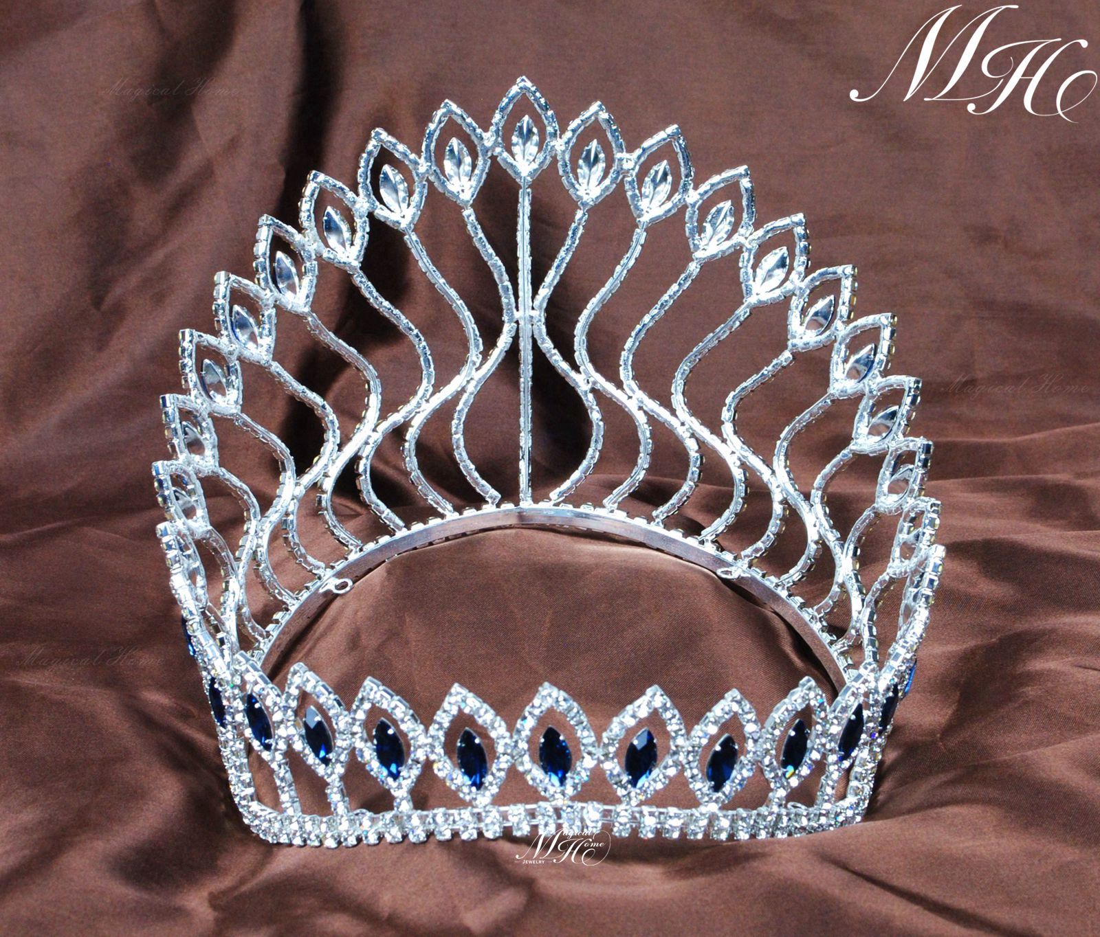 Large Contoured Pageant Tiara Blue Rhinestone Crown Wedding Prom Party ...