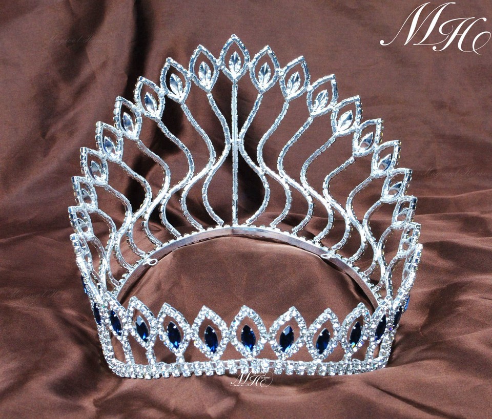 Large Contoured Pageant Tiara Blue Rhinestone Crown Wedding Prom Party ...