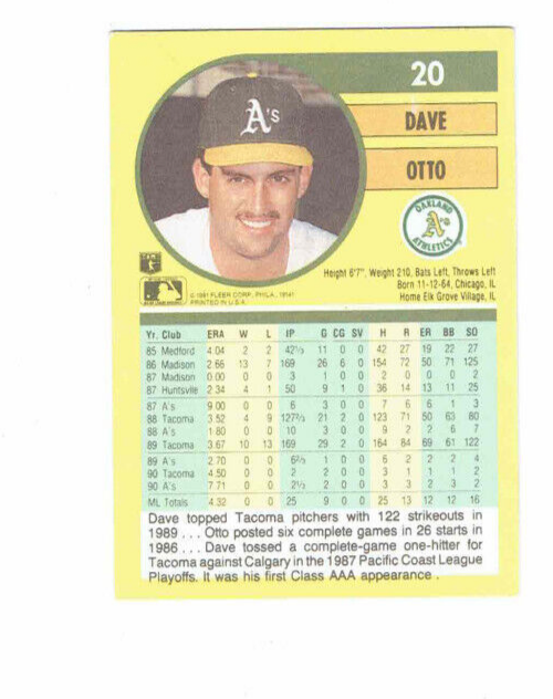 Dave Otto Athletics Pitcher #20 Fleer 1991 Baseball Card | eBay