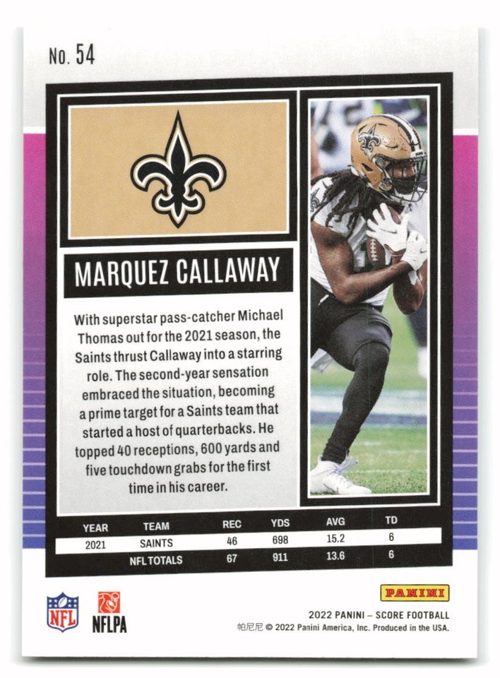 Marquez Callaway 2022 Score FOOTBALL #54 New Orleans Saints | eBay