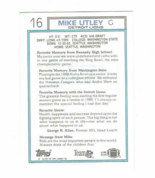 Mike Utley Detroit Lions G #16 Topps 1994 Football Card | eBay