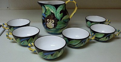 Grazia Deruta Italian Pottery Susan Eslick Pitcher w 6 Cups Monkey ...