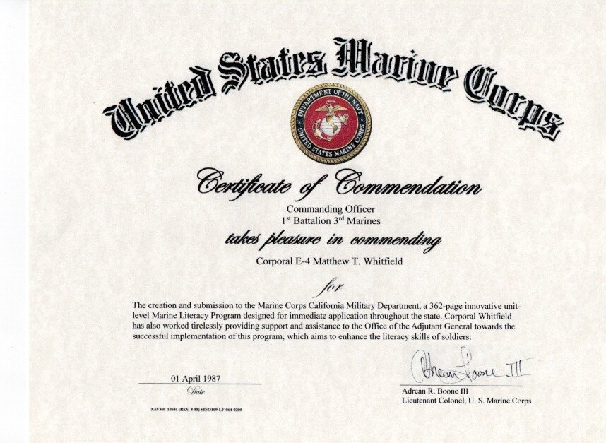 United States Marine Corps Certificate of Commendation Replacement ...