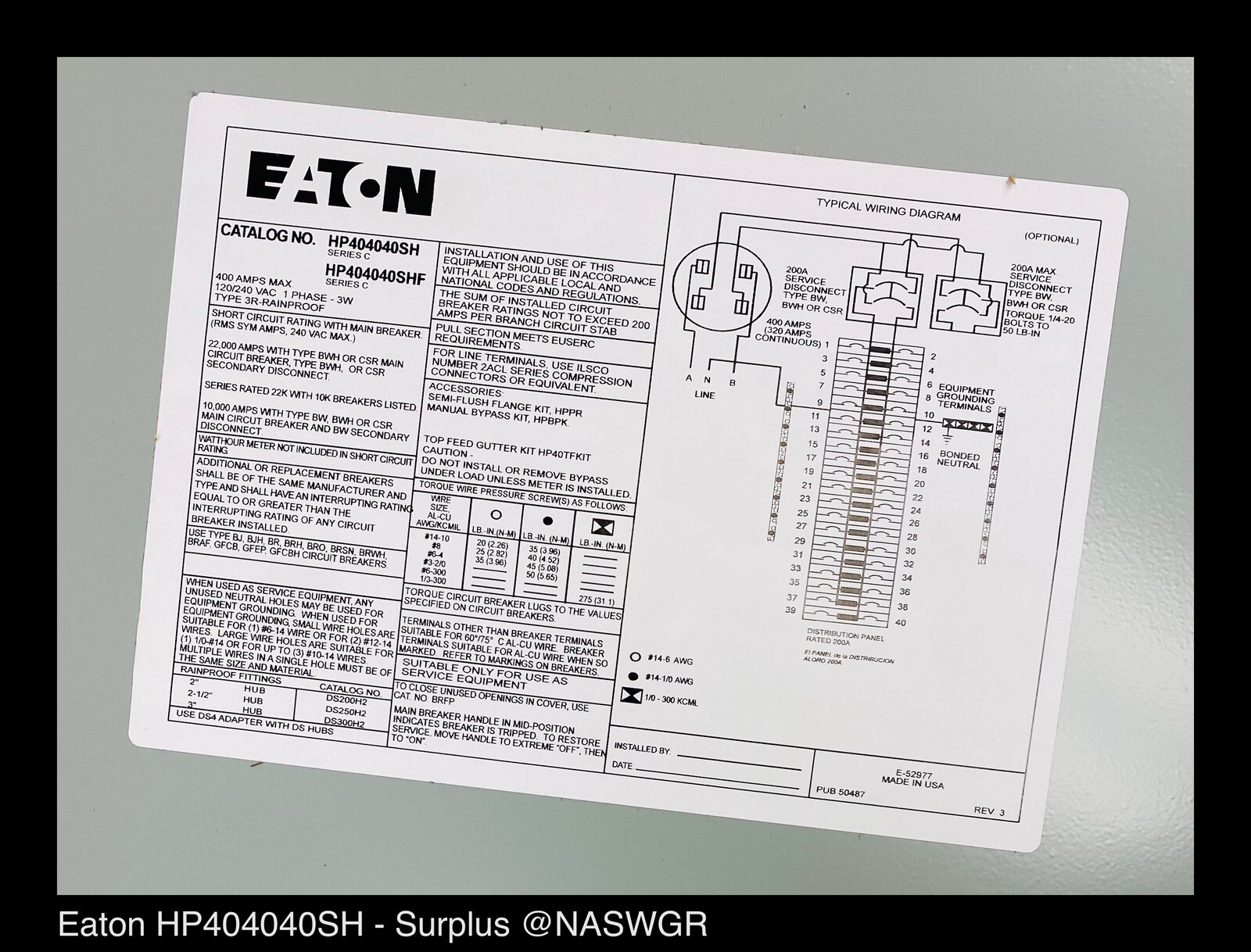 Eaton HP404040SH House Panel - 400A/240V/N3R - Unused/Warranty | eBay