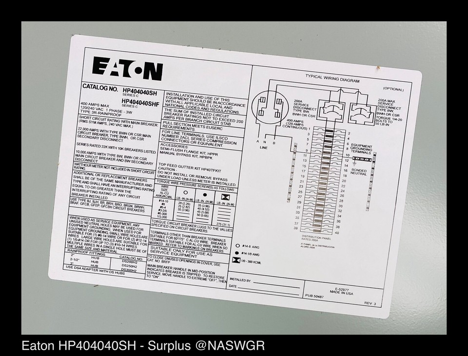 Eaton HP404040SH House Panel - 400A/240V/N3R - Unused/Warranty | eBay